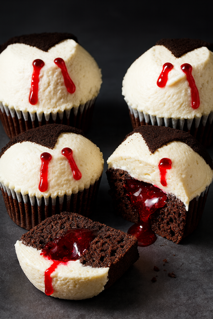 🧁🩸Schokoladen-Dracula-Cupcakes mit Erdbeerfüllung