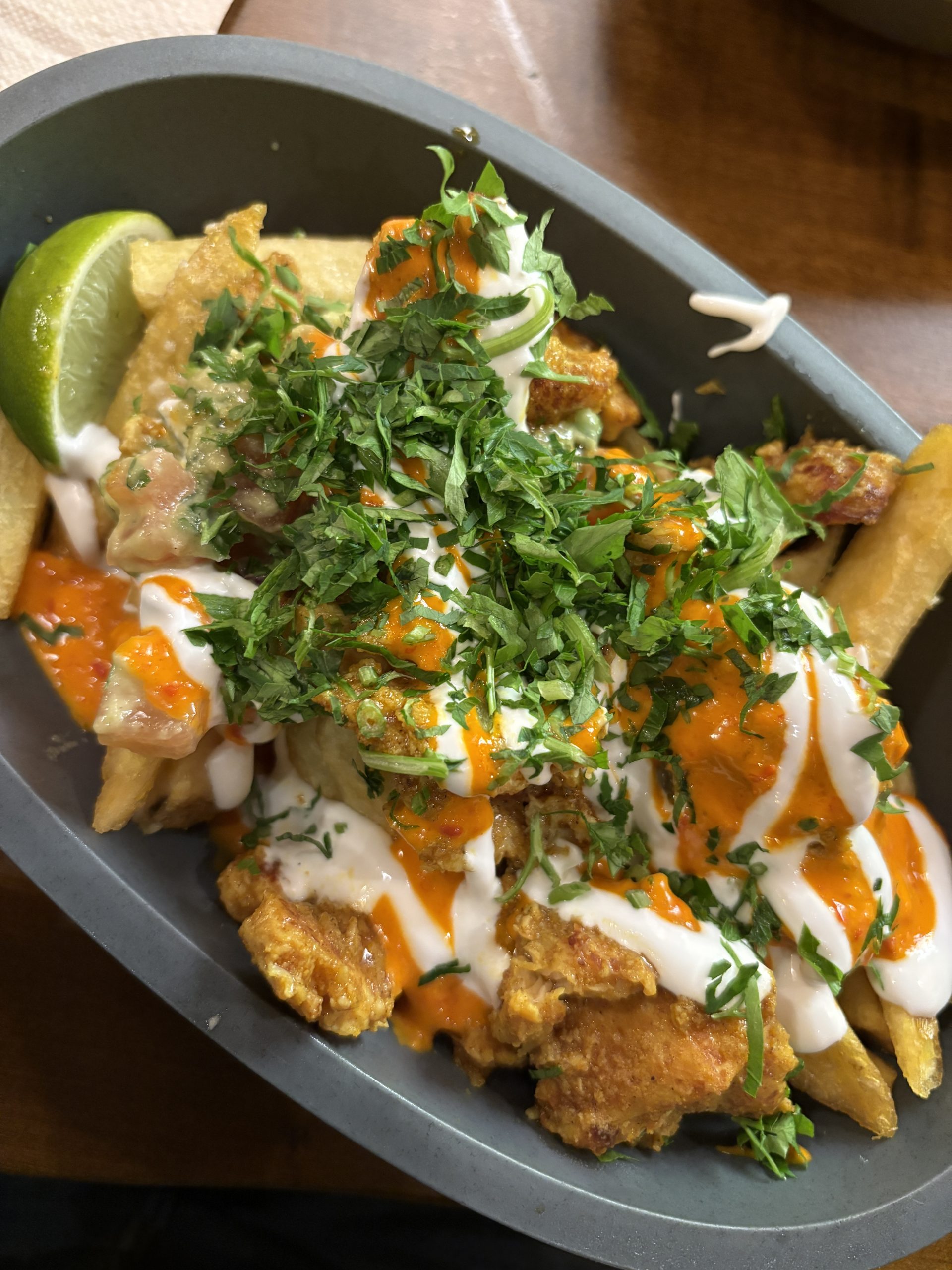 Chicken Shawarma Poutine auf knoblauch-pommes